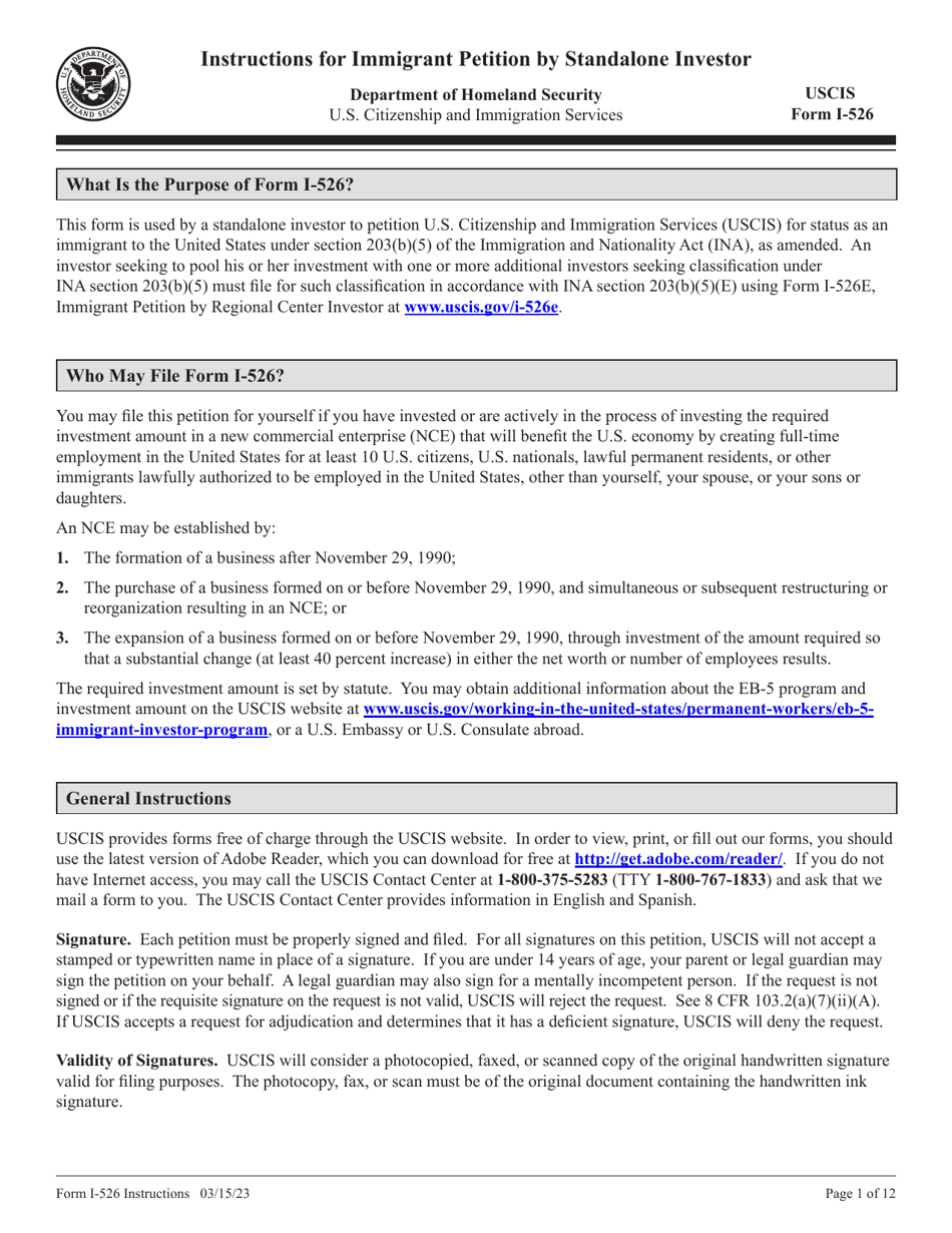Download Instructions for USCIS Form I-526 Immigrant Petition by ...