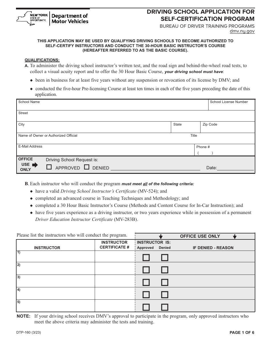 Form DTP-160 Download Fillable PDF or Fill Online Driving School ...