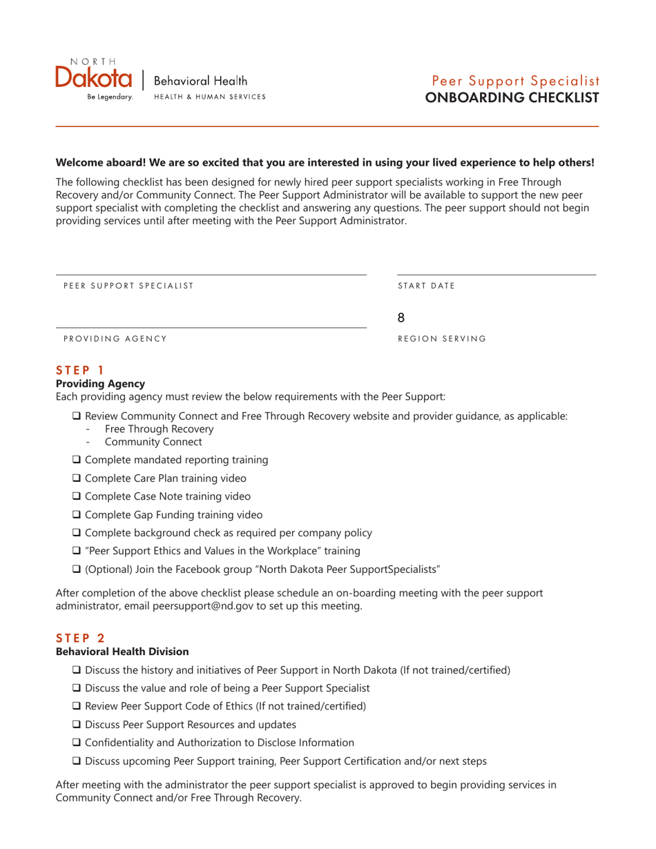 North Dakota Peer Support Specialist Onboarding Checklist - Fill Out ...