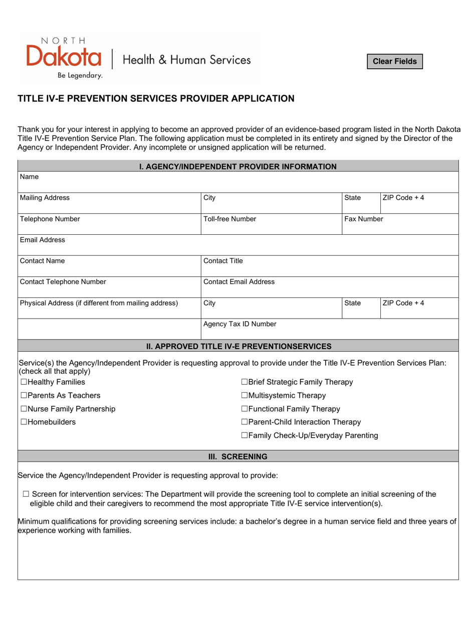 North Dakota Title IV-E Prevention Services Provider Application - Fill ...