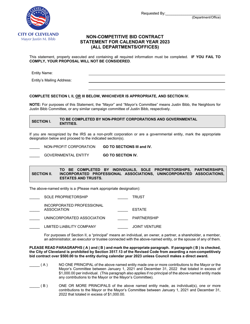 2023 City of Cleveland, Ohio Non-competitive Bid Contract Statement Download Fillable PDF ...
