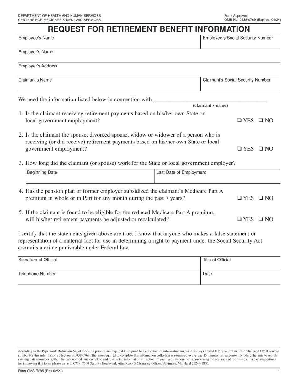 Form CMS-R285 Download Fillable PDF or Fill Online Request for ...
