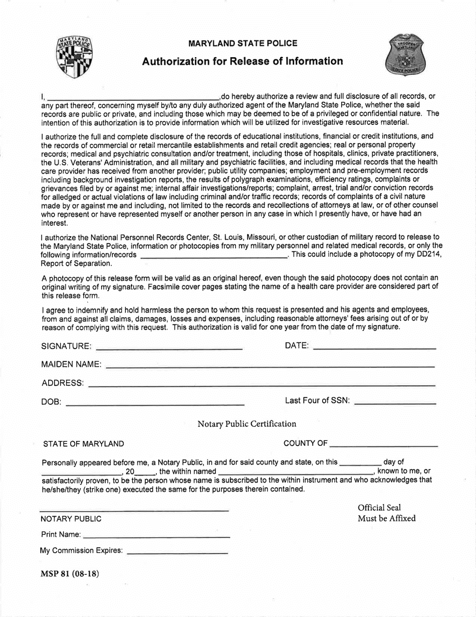 Form MSP81 - Fill Out, Sign Online and Download Printable PDF, Maryland ...
