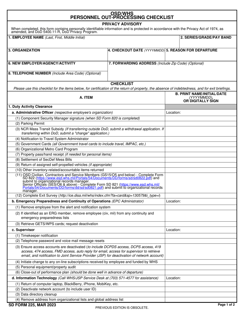 SD Form 225 Download Fillable PDF or Fill Online Osd/WHS Personnel out ...