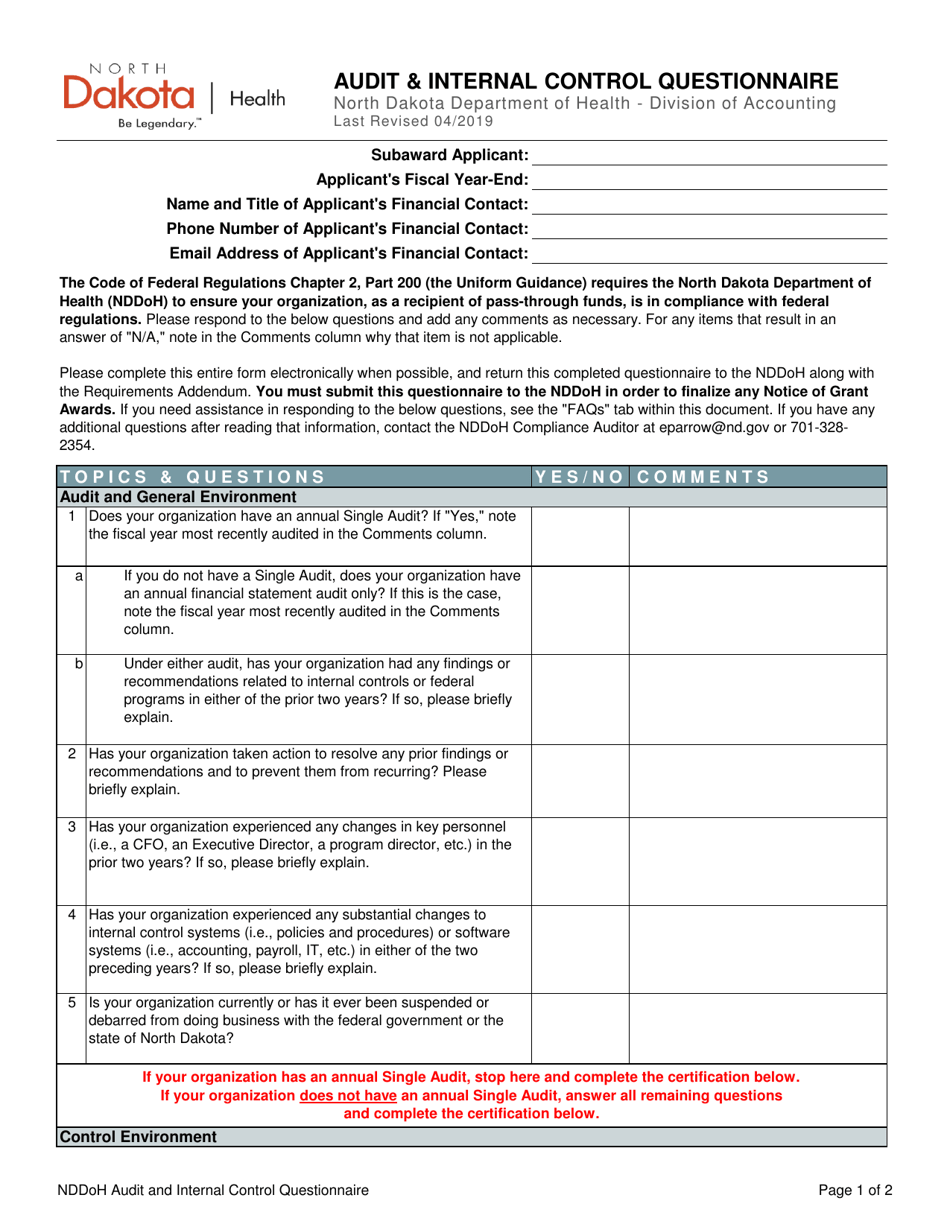 North Dakota Audit & Internal Control Questionnaire - Fill Out, Sign ...