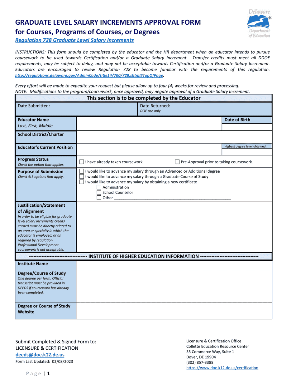 Delaware Graduate Level Salary Increments Approval Form for Courses, Programs of Courses, or ...