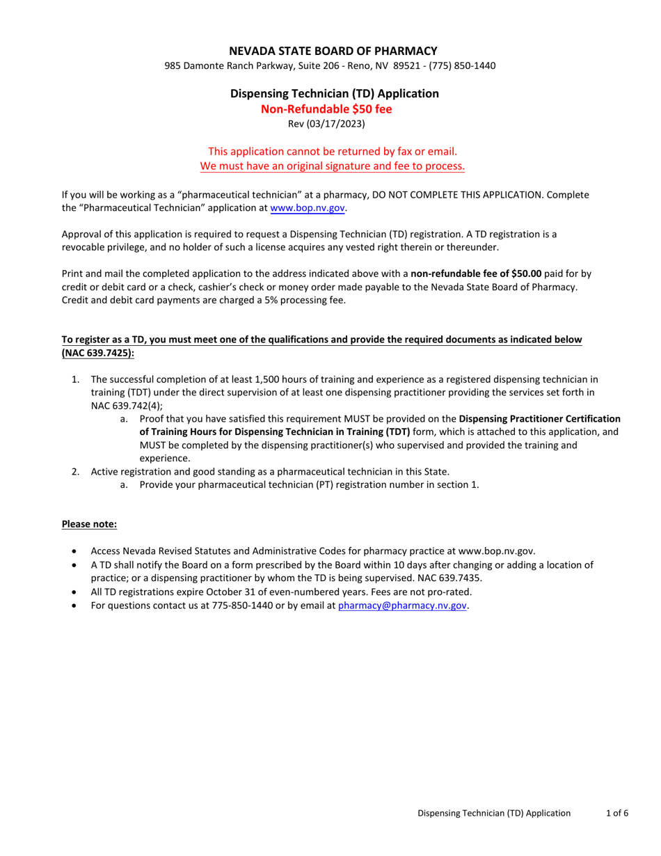 Nevada Dispensing Technician (Td) Application - Fill Out, Sign Online ...