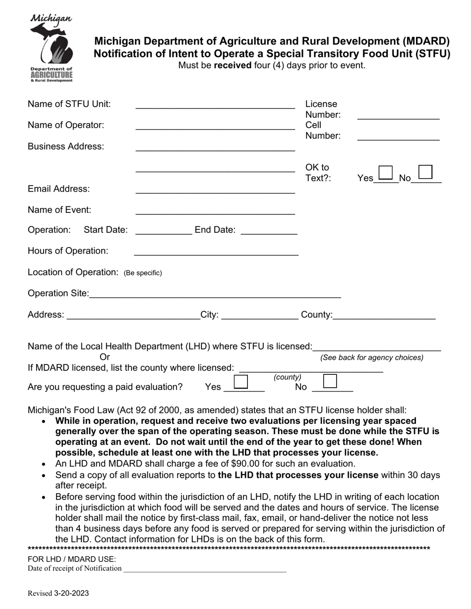 Michigan Notification of Intent to Operate a Special Transitory Food ...