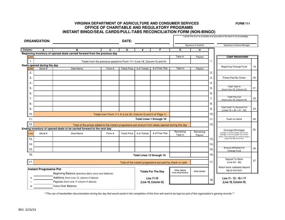 Form 111 Download Fillable PDF or Fill Online Instant Bingo/Seal Cards ...