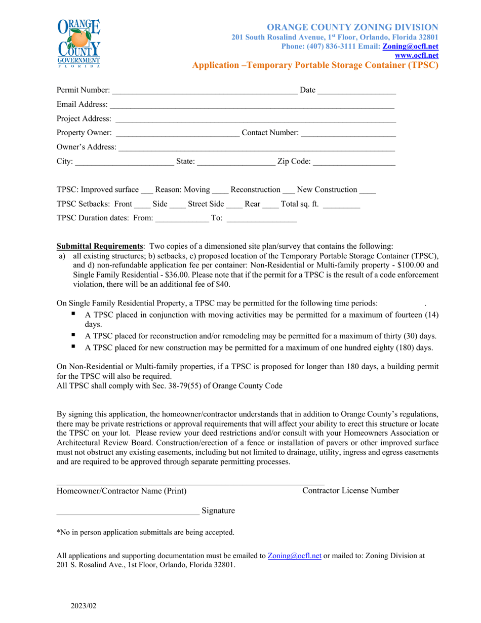 Orange County, Florida Application - Temporary Portable Storage ...