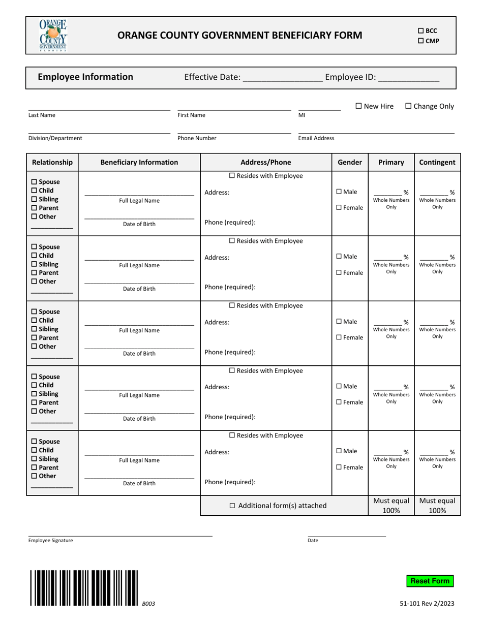 Form 51-101 Download Fillable PDF or Fill Online Orange County Government Beneficiary Form ...