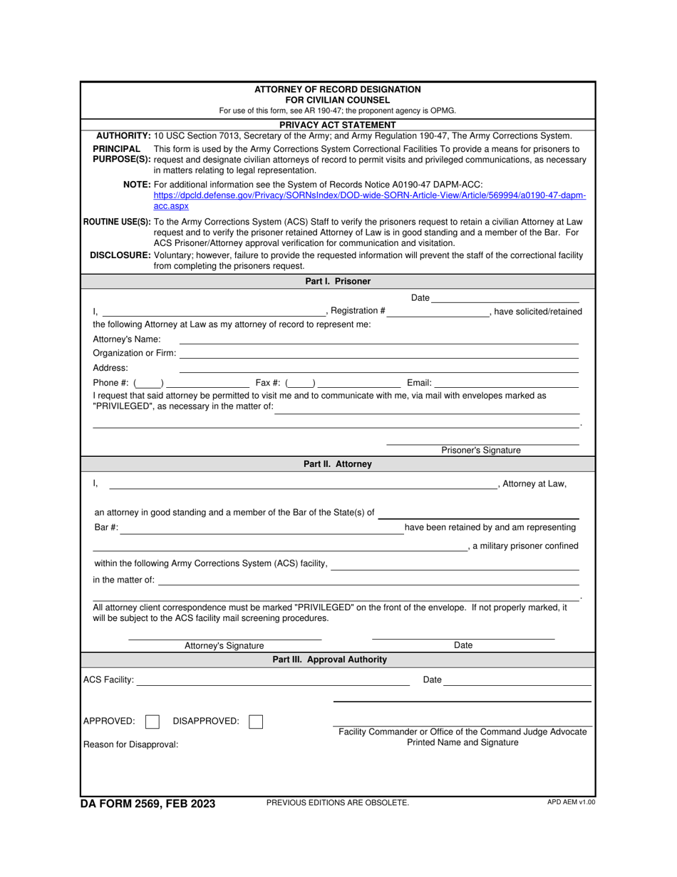 DA Form 2569 - Fill Out, Sign Online and Download Fillable PDF ...
