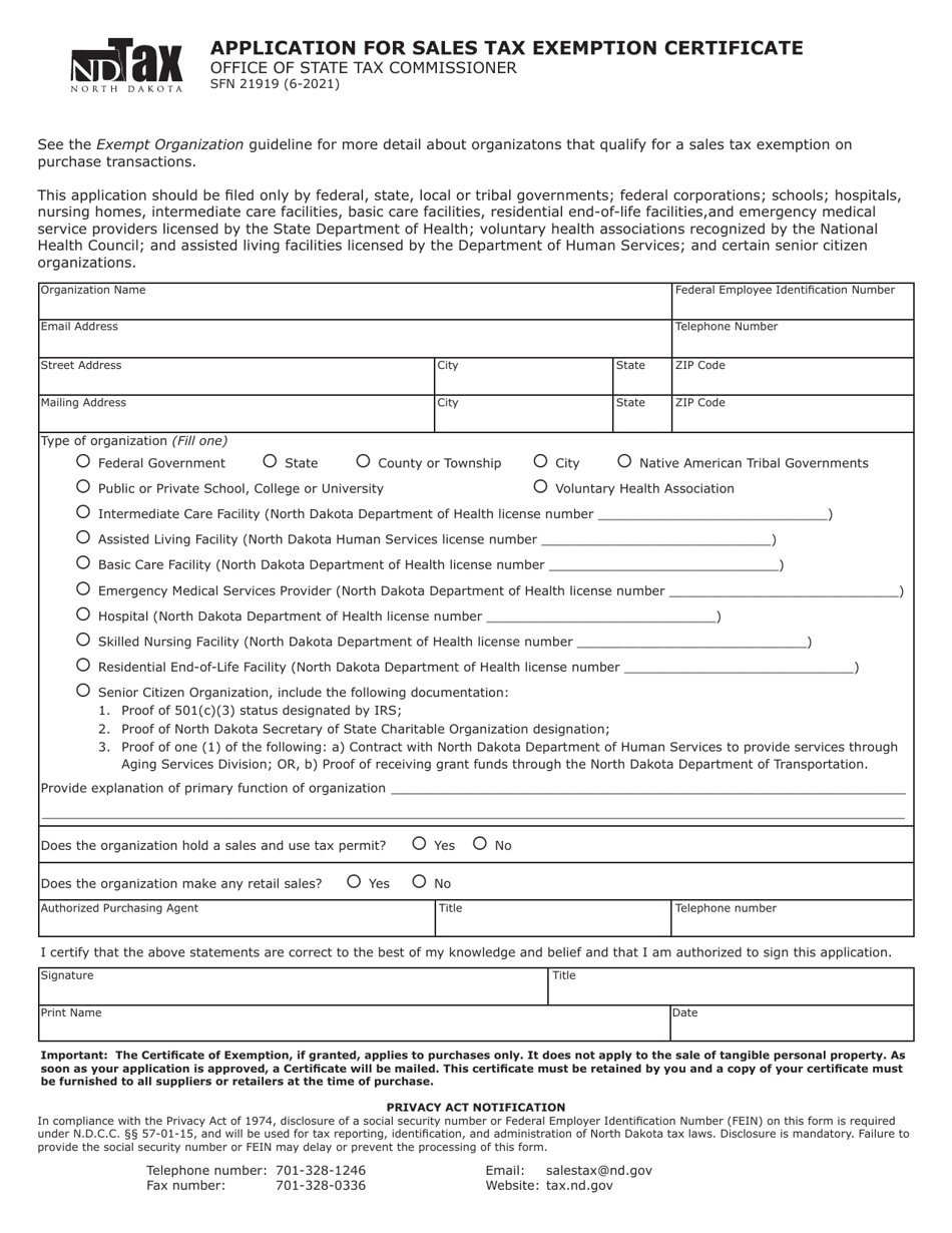 Form SFN21919 - Fill Out, Sign Online and Download Fillable PDF, North ...