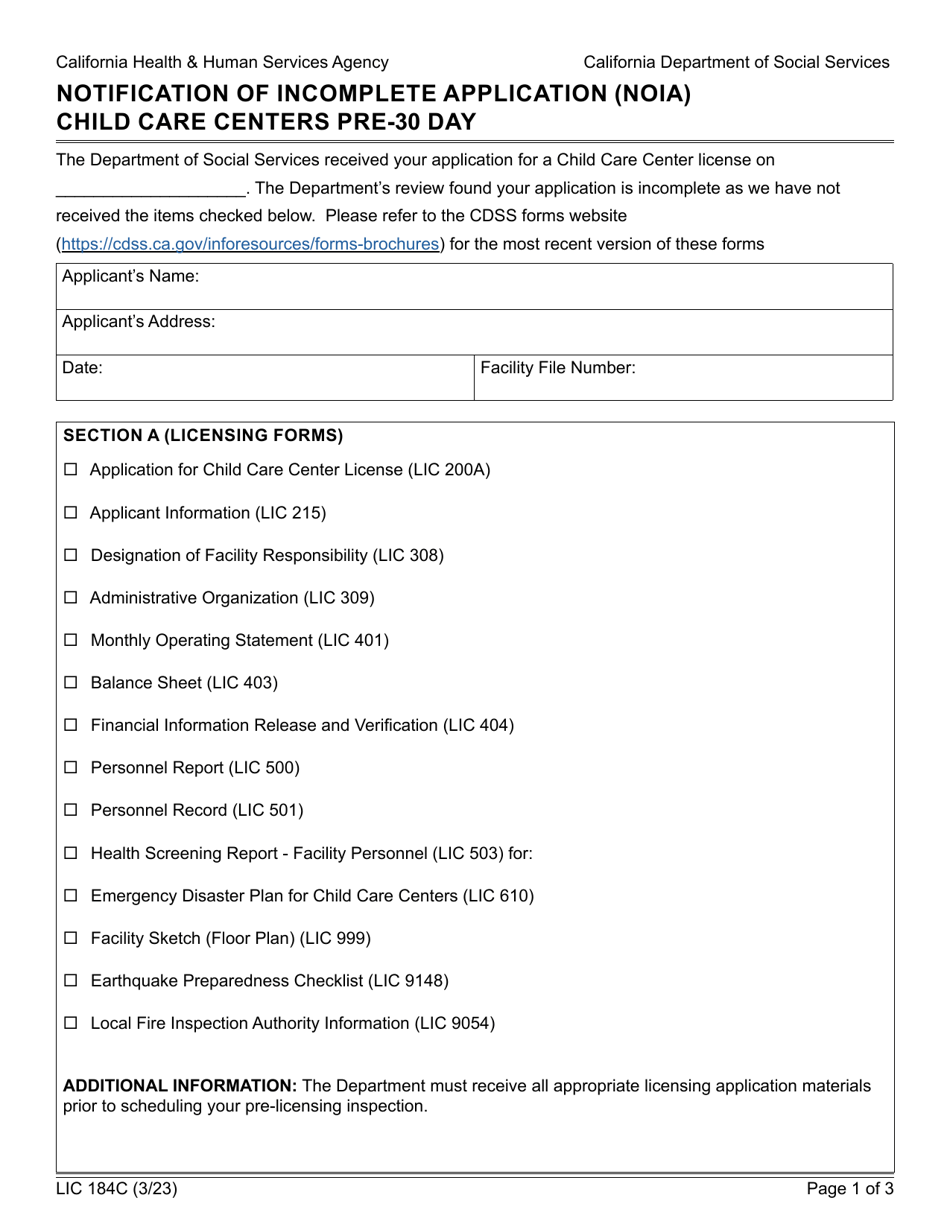Form LIC184C - Fill Out, Sign Online and Download Fillable PDF ...