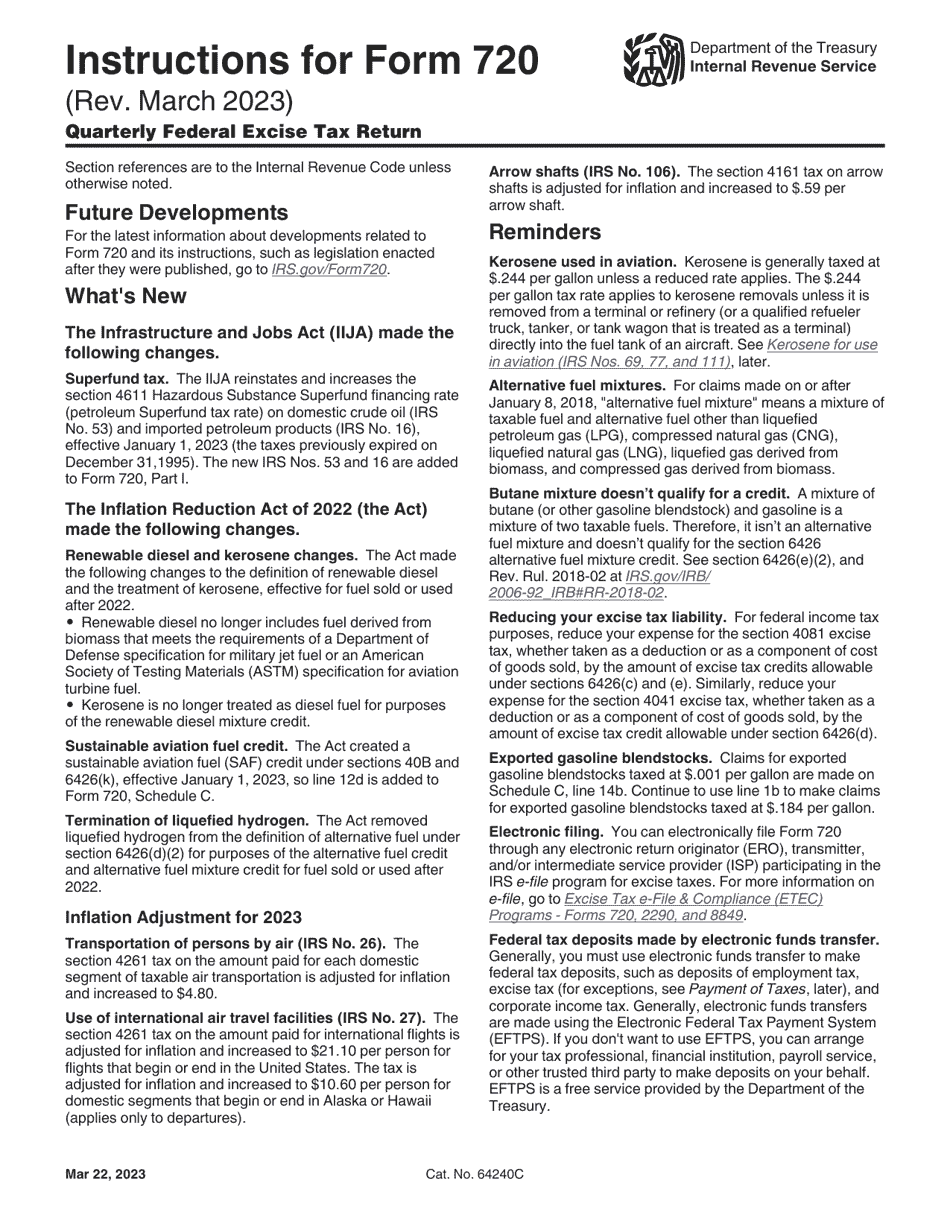 Download Instructions for IRS Form 720 Quarterly Federal Excise Tax ...