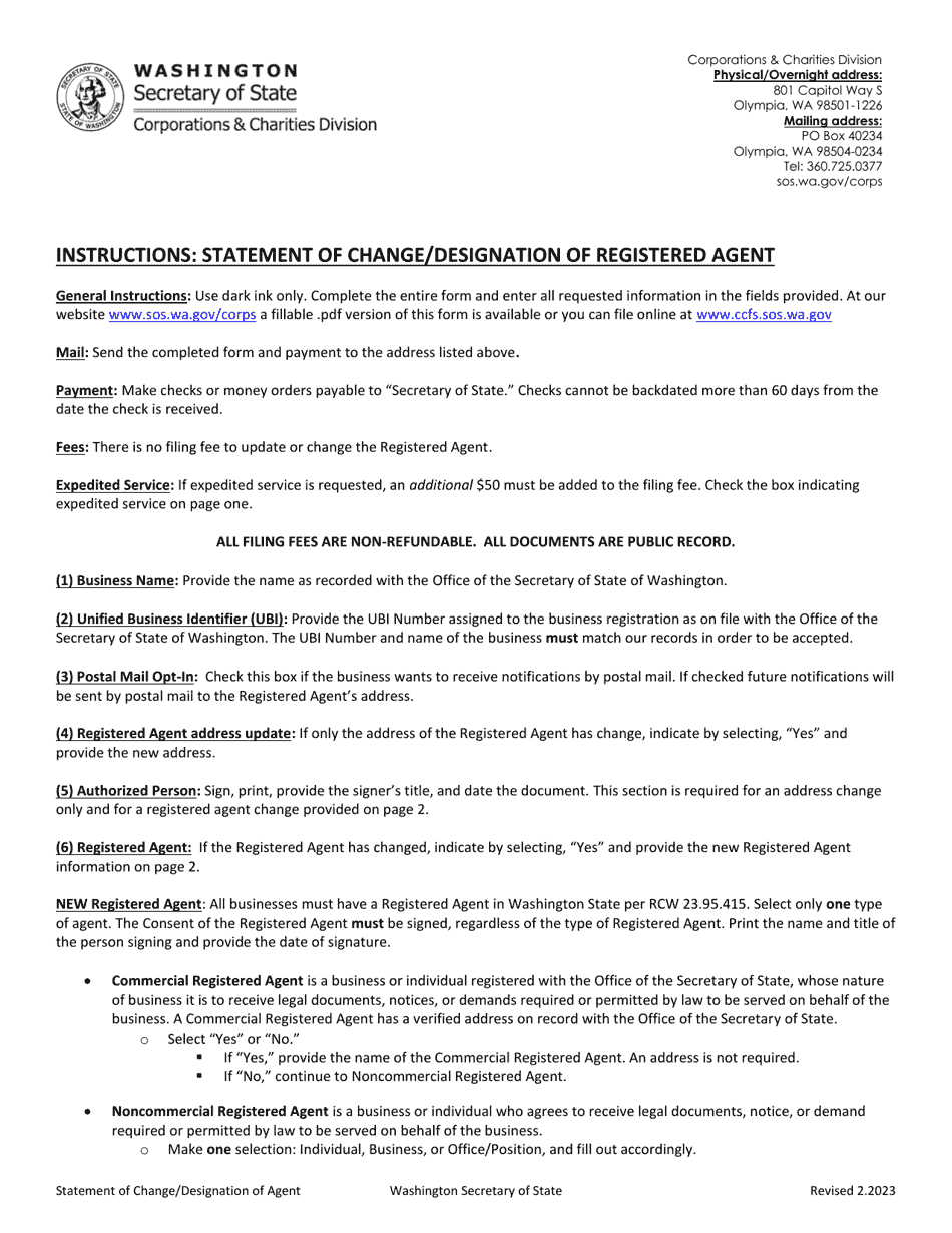 Washington Statement of Change/Designation of Registered Agent - Fill ...