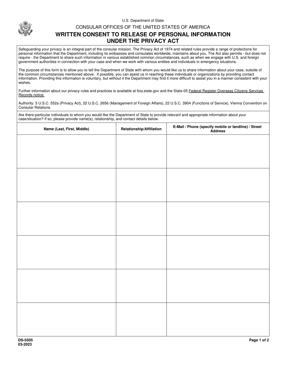 Form DS-5505 Download Fillable PDF or Fill Online Written Consent to ...