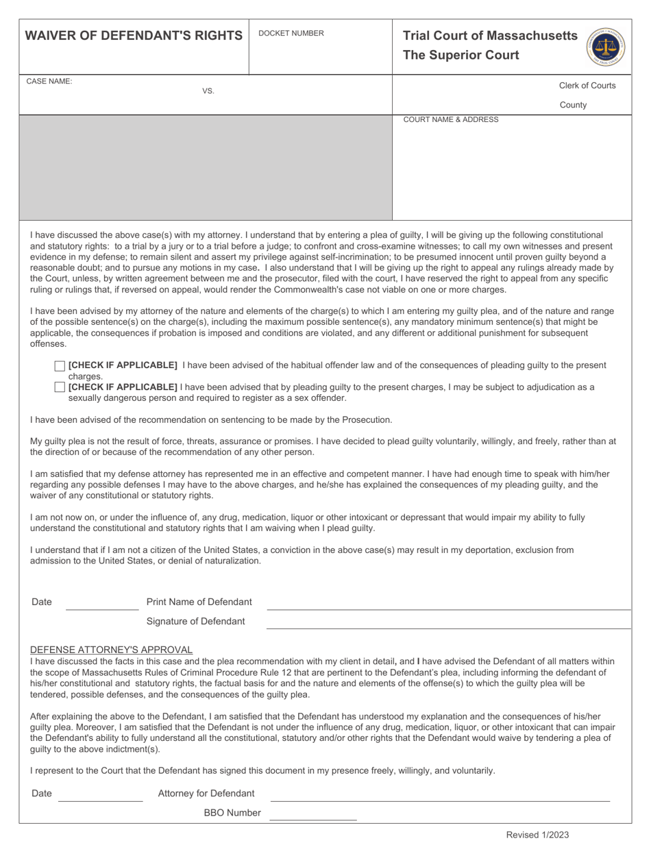 Massachusetts Waiver of Defendant's Rights Download Fillable PDF ...