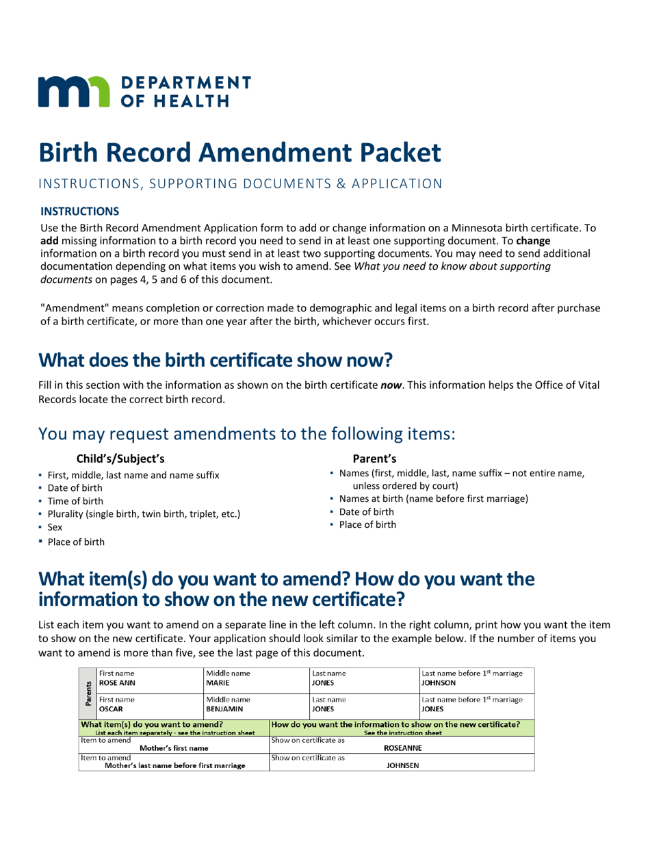 Minnesota Birth Record Amendment Application - Fill Out, Sign Online and Download PDF ...