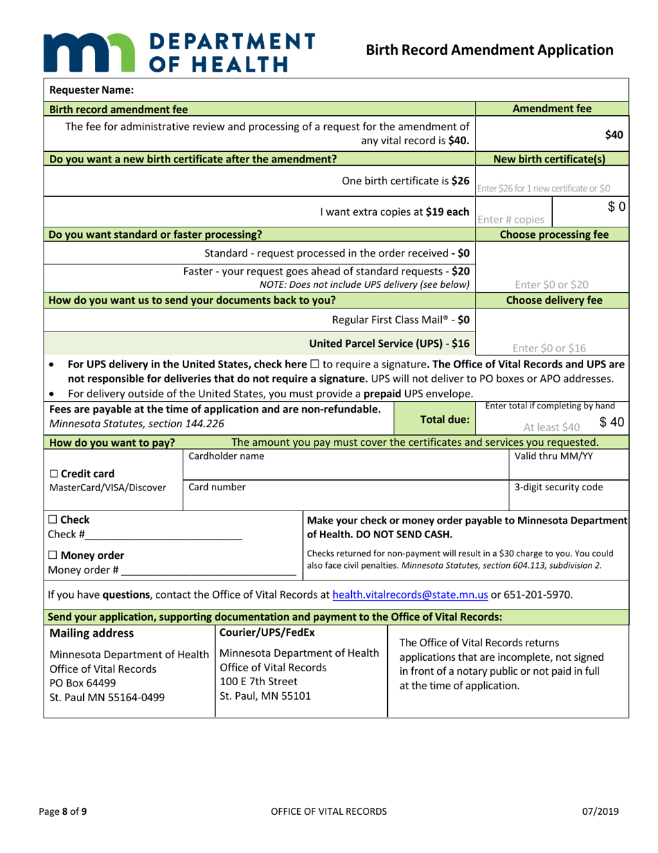 Minnesota Birth Record Amendment Application - Fill Out, Sign Online and Download PDF ...