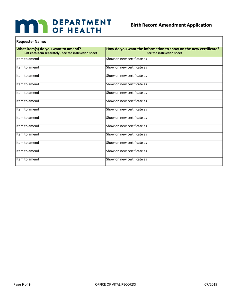 Minnesota Birth Record Amendment Application - Fill Out, Sign Online and Download PDF ...