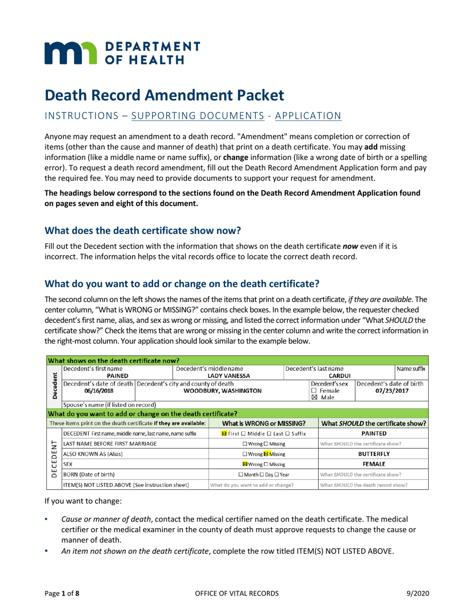 Minnesota Death Record Amendment Application - Fill Out, Sign Online ...