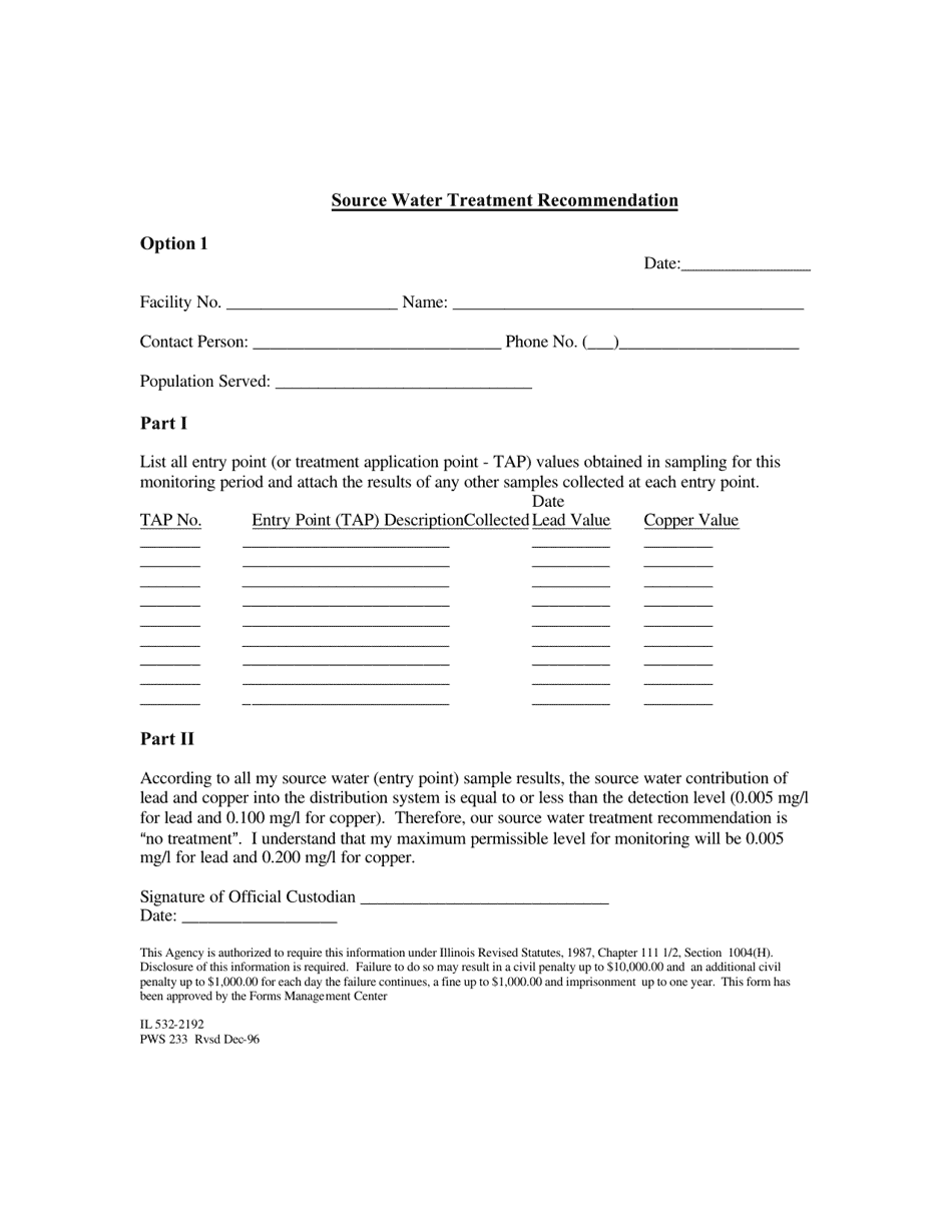 Form PWS233 (IL532-2192) - Fill Out, Sign Online and Download Printable ...