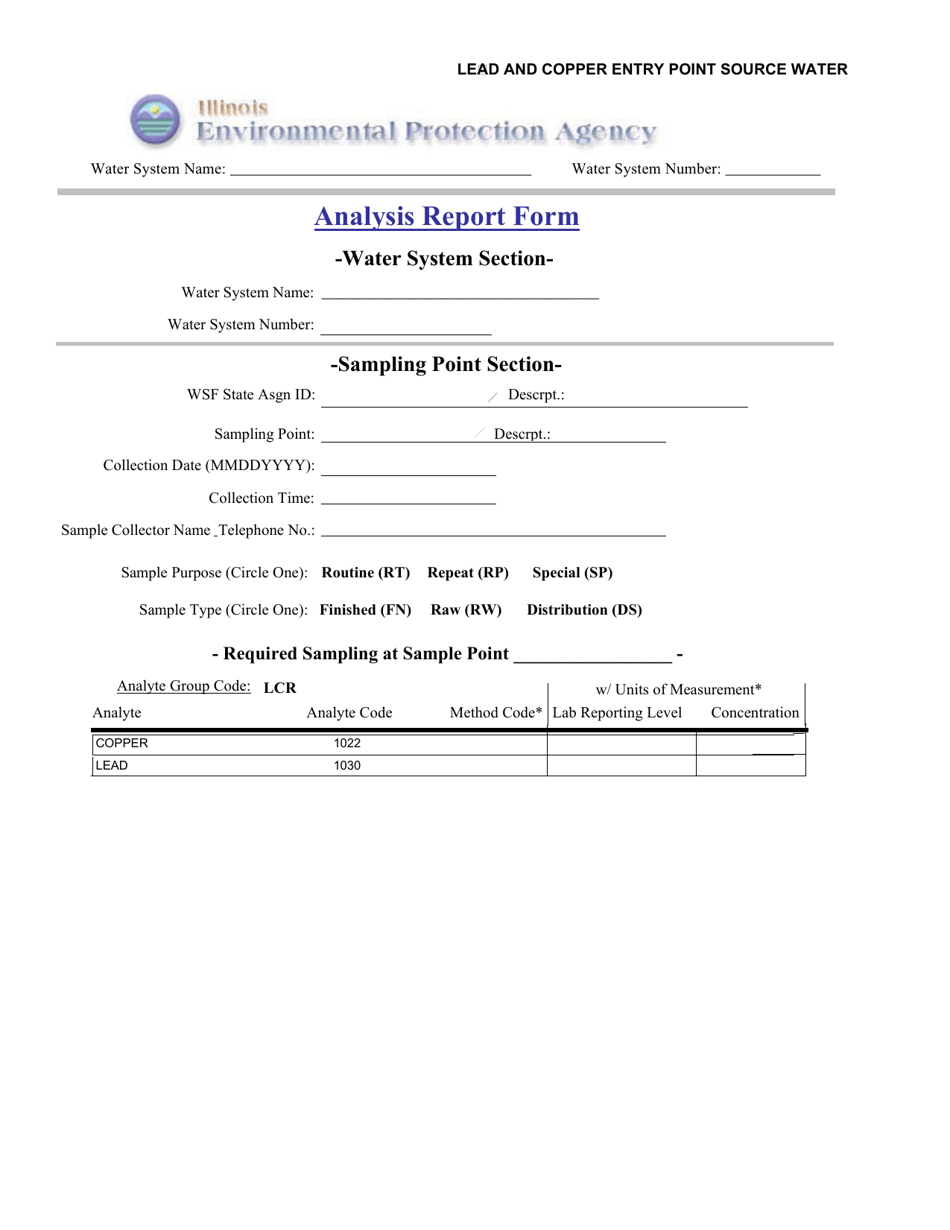Illinois Lead and Copper Entry Point Source Water Analysis Report Form ...