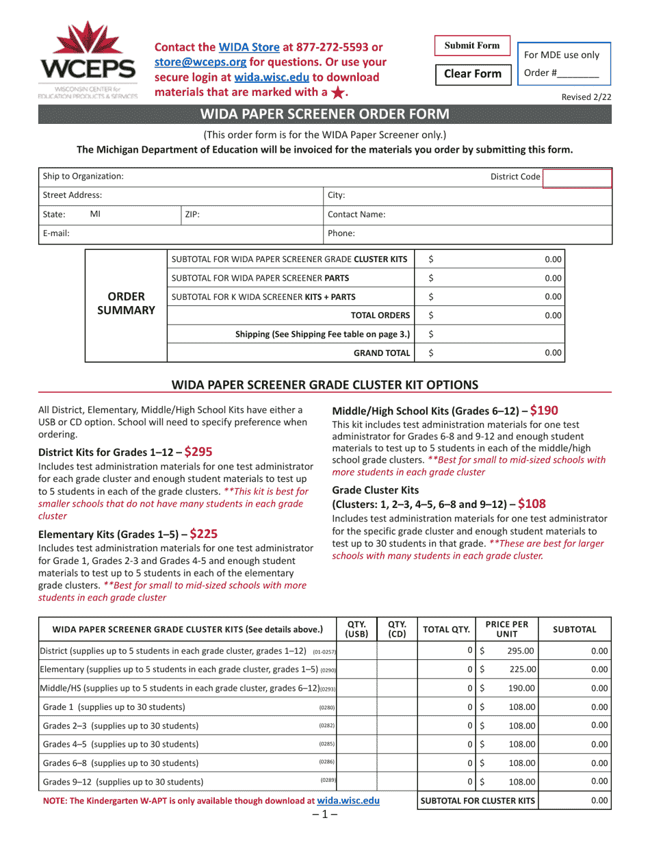 Michigan Wida Paper Screener Order Form Download Fillable PDF ...