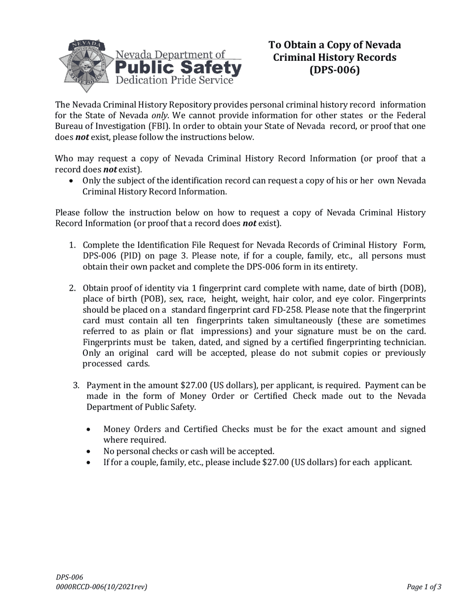 Form DPS-006 - Fill Out, Sign Online and Download Printable PDF, Nevada ...