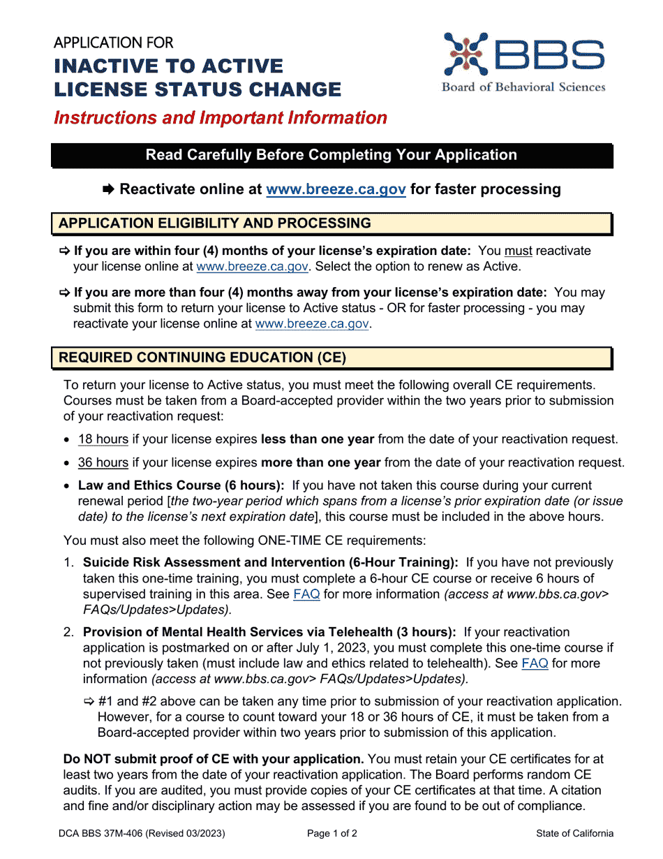 Form DCA BBS37M-406 - Fill Out, Sign Online and Download Fillable PDF ...
