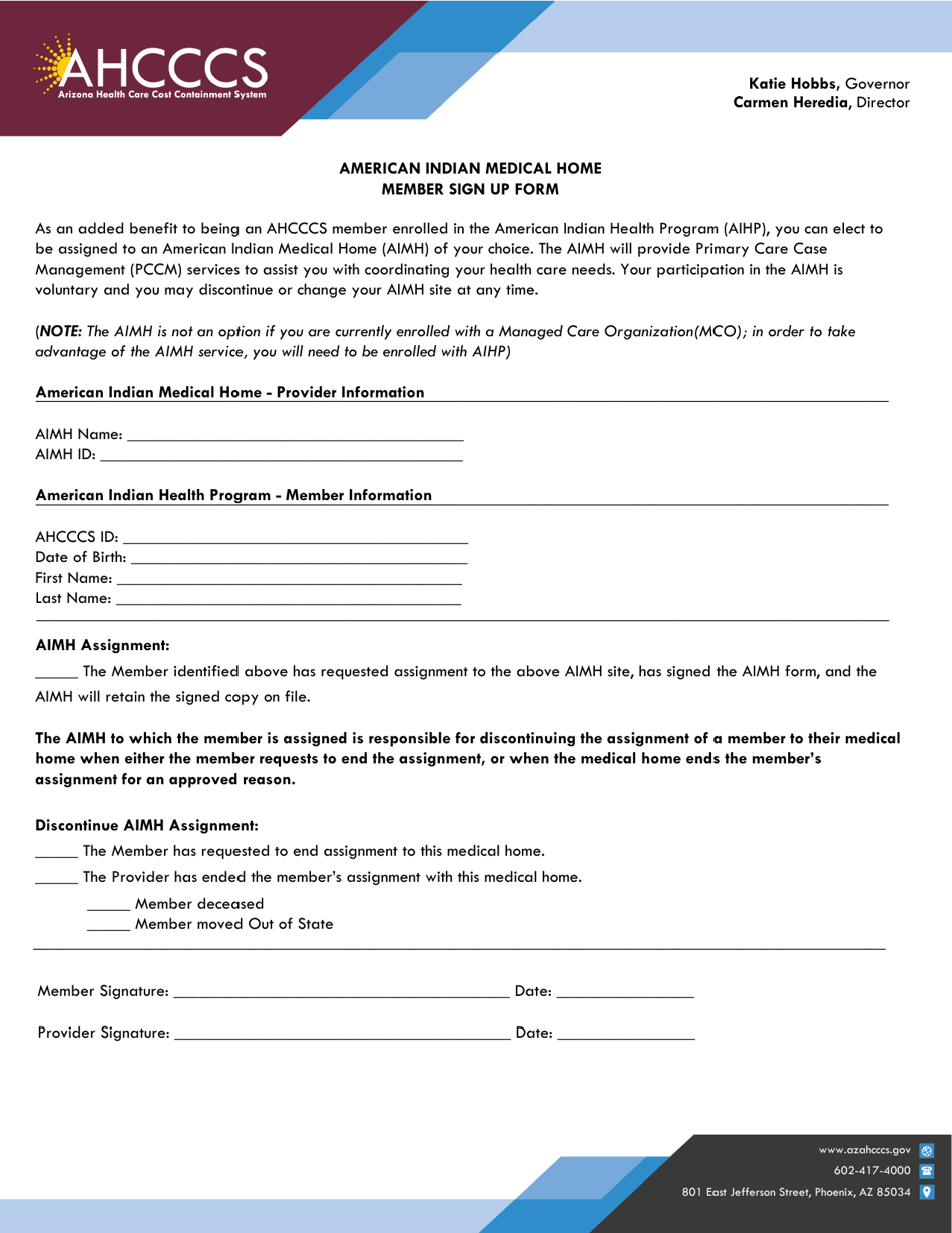 Arizona American Indian Medical Home Member Sign up Form - Fill Out, Sign Online and Download ...