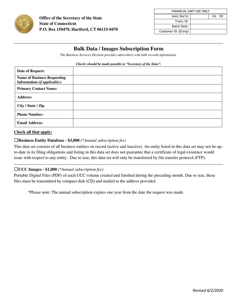Connecticut Bulk Data/Images Subscription Form Download Printable PDF ...