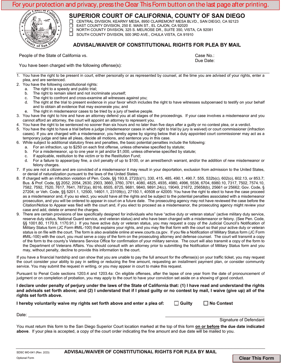 Form MO-041 Download Fillable PDF or Fill Online Advisal/Waiver of ...
