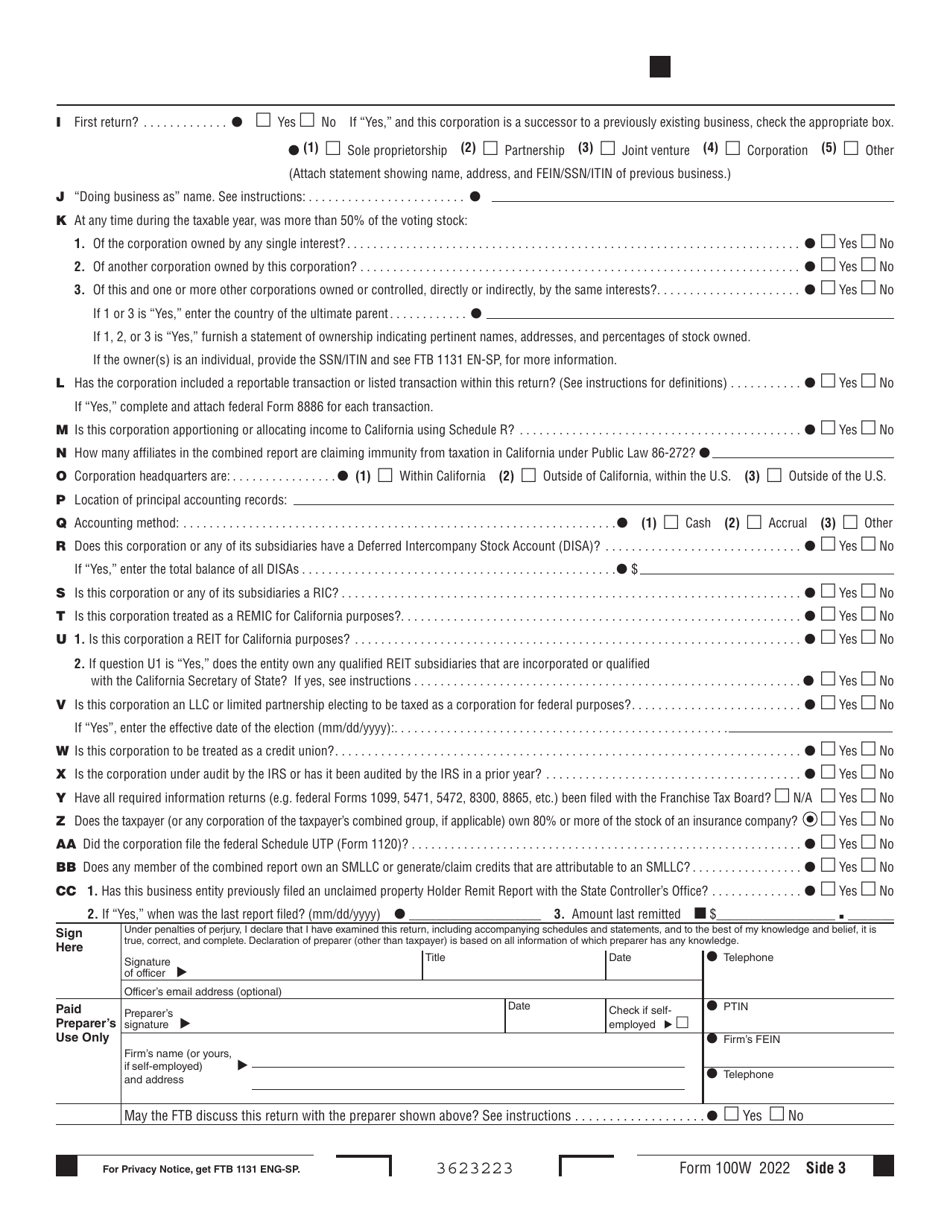 Form FTB100W - 2022 - Fill Out, Sign Online and Download Fillable PDF ...