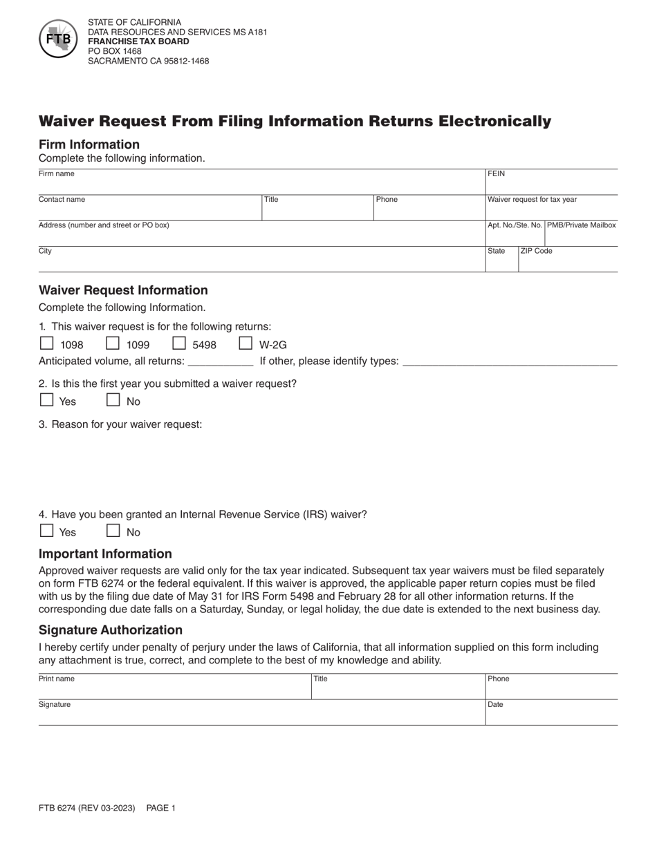 Form FTB6274 - Fill Out, Sign Online and Download Printable PDF ...