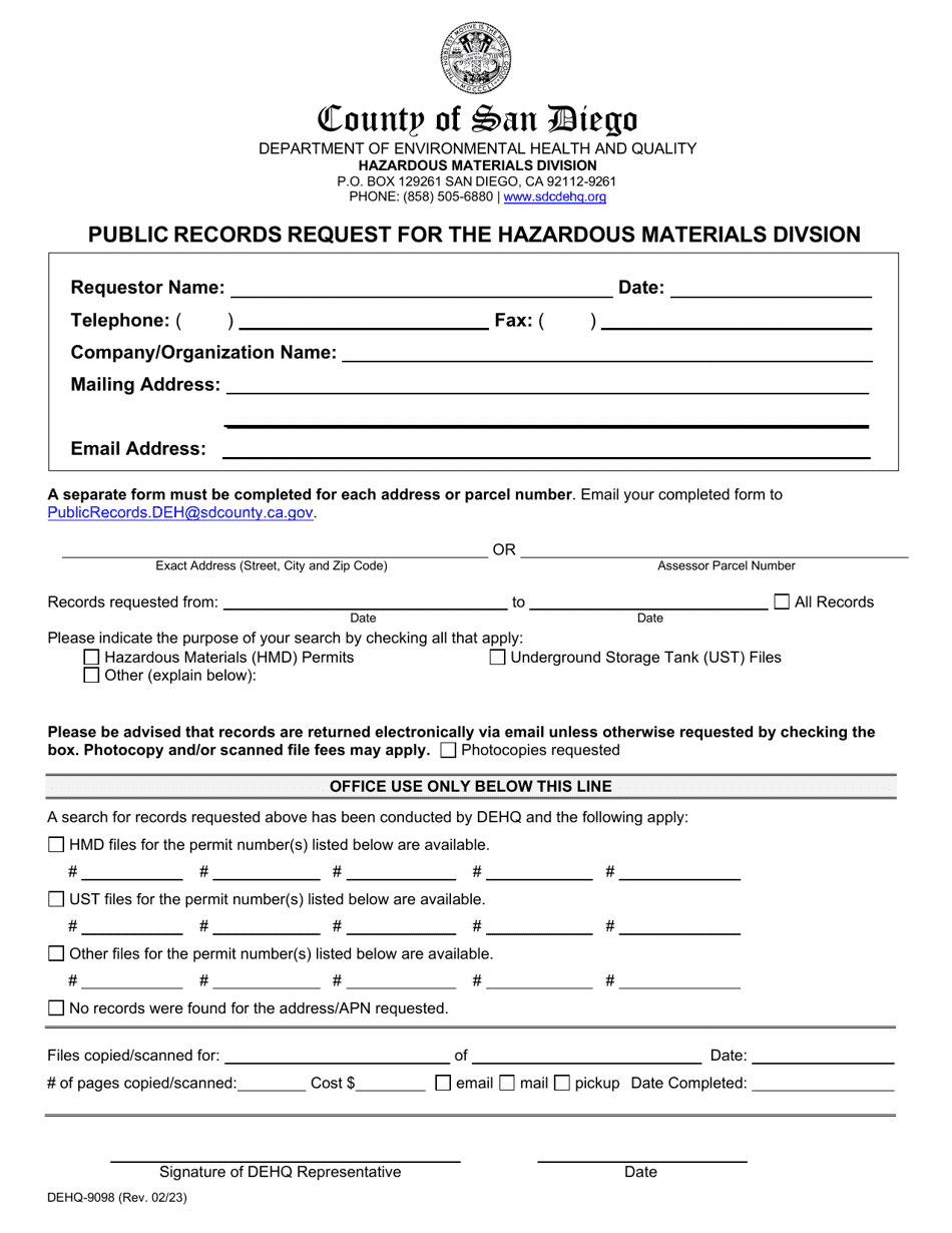 Form DEHQ-9098 Download Fillable PDF or Fill Online Public Records Request for the Hazardous ...