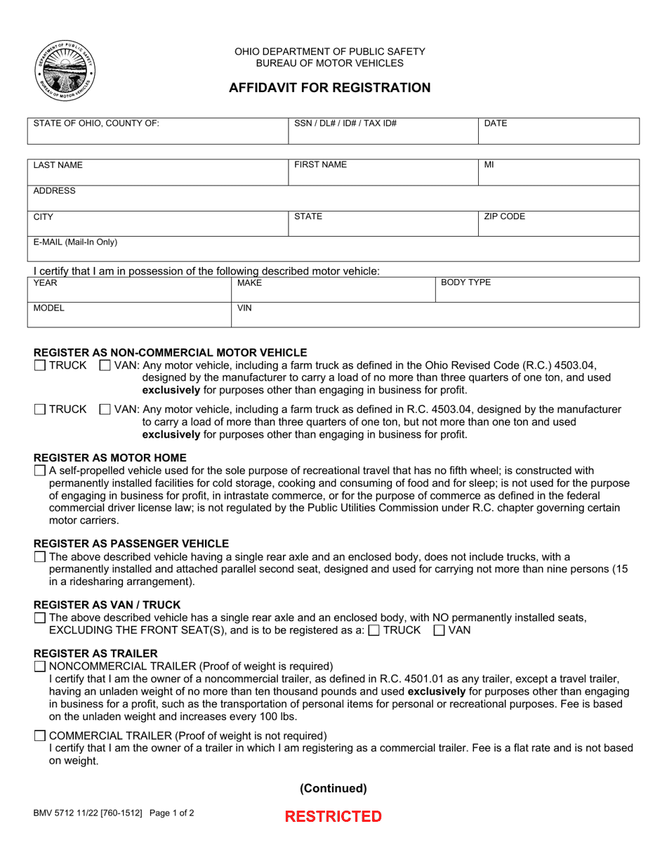 Form BMV5712 Download Printable PDF or Fill Online Affidavit for ...