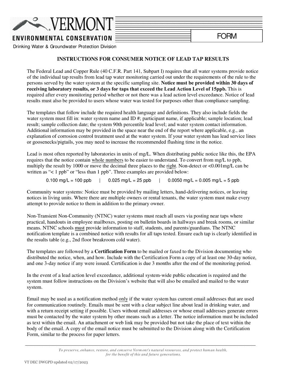 Vermont Consumer Notice of Lead Tap Results - Fill Out, Sign Online and ...