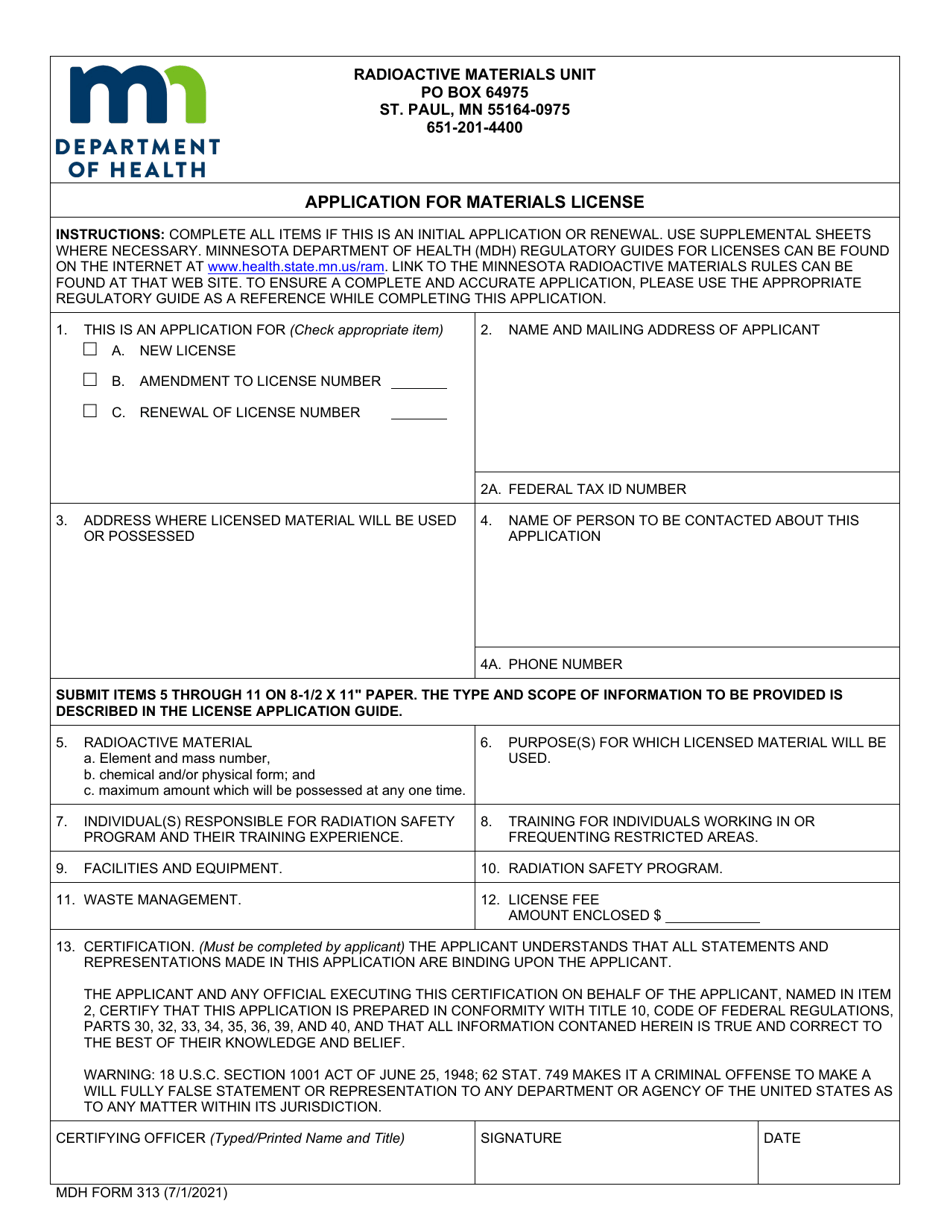 MDH Form 313 Download Printable PDF or Fill Online Application for ...