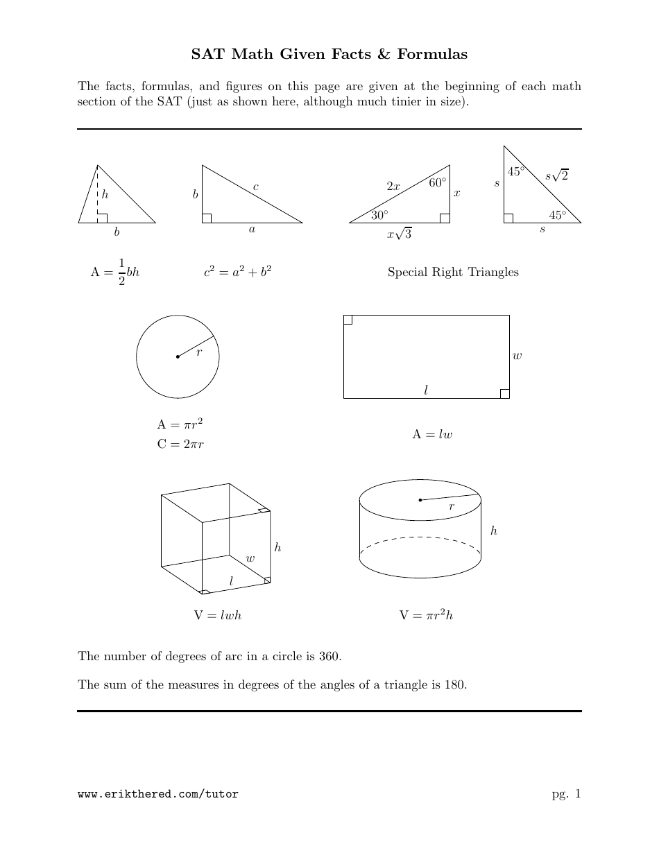 Sat Math Given Facts Formulas Sheet Download Printable PDF