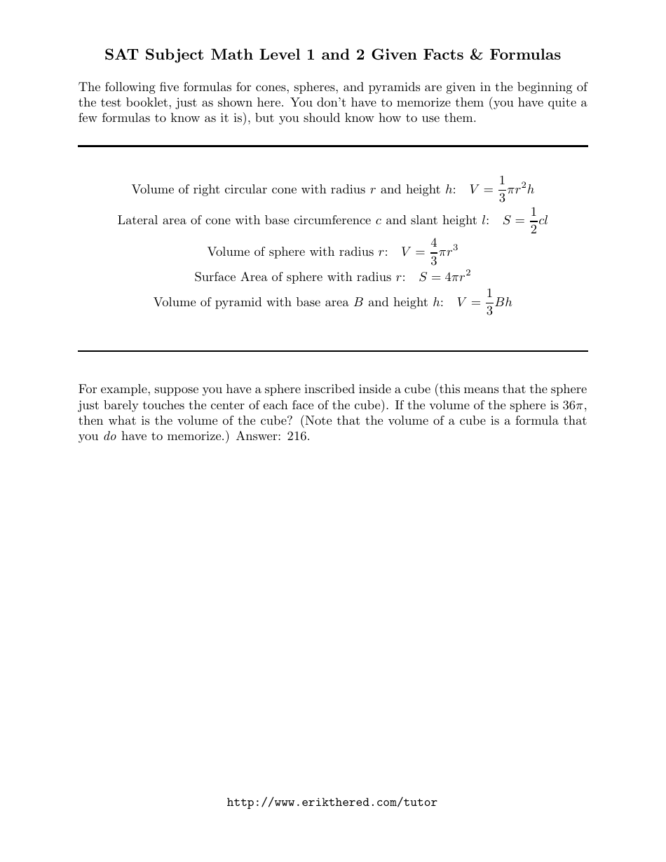 Sat Math Level 1 and 2 Cheat Sheet - Volumes of Cone, Sphere & Pyramid ...