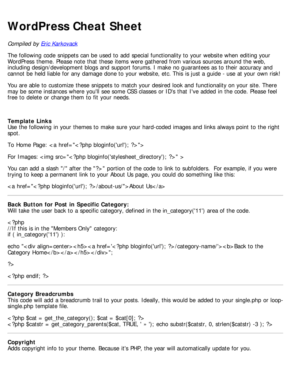 Wordpress Cheat Sheet - Compiled by Eric Karkovack Download Printable PDF | Templateroller