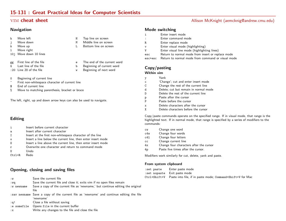 Vim Cheat Sheet - Allison Mcknight Download Printable PDF | Templateroller