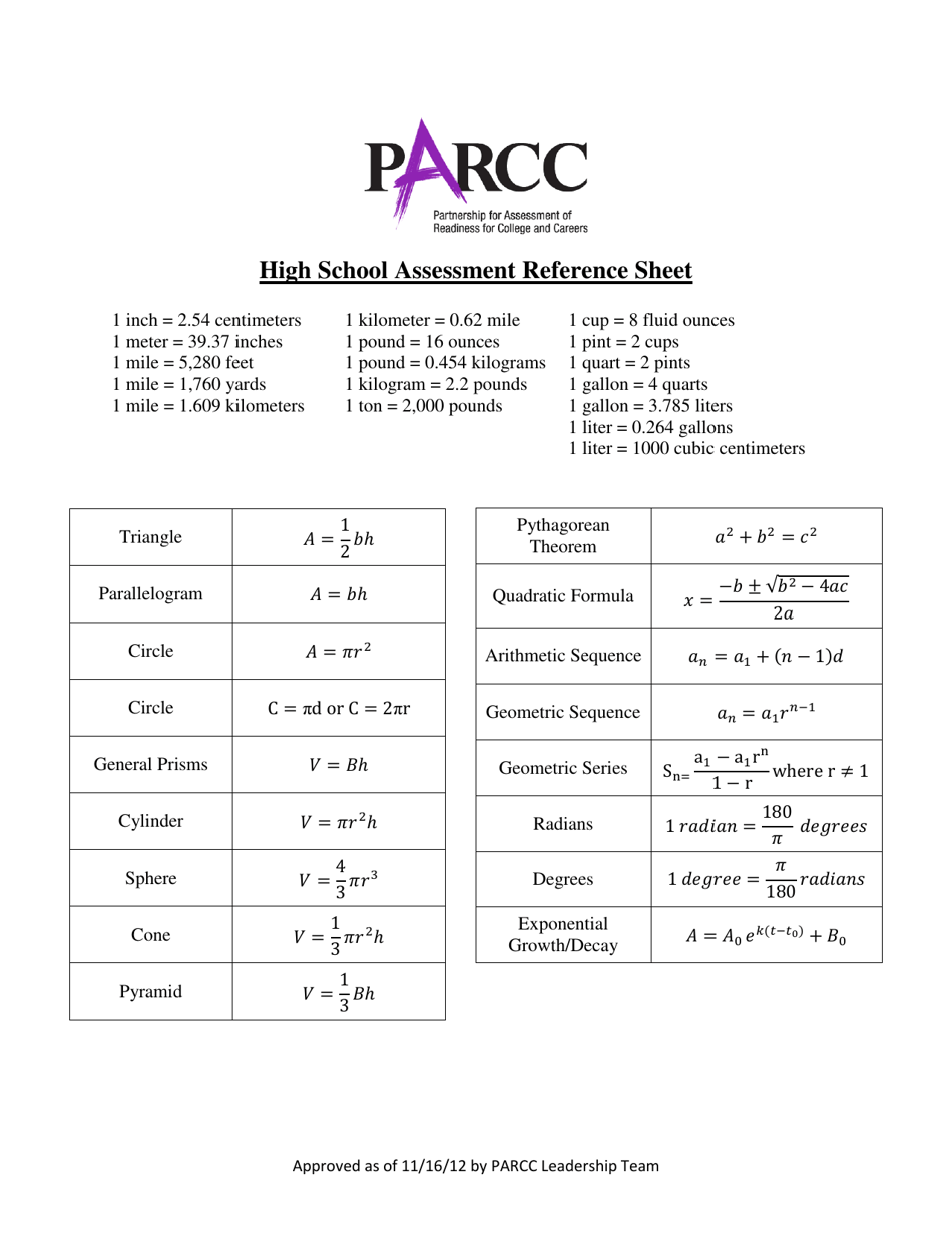 High School Assessment Reference Sheet Download Printable PDF ...