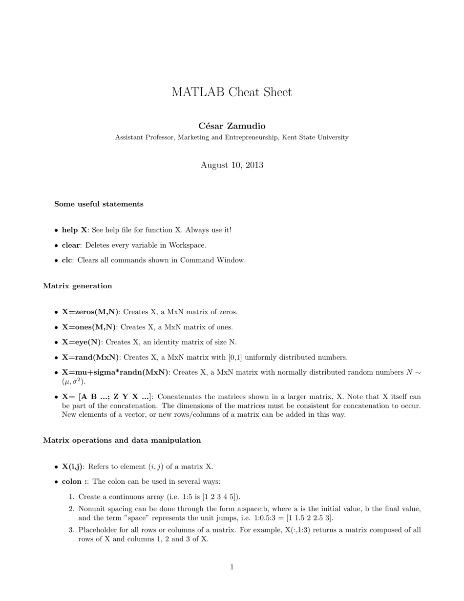 Matlab Cheat Sheet - Cesar Zamudio Download Printable PDF | Templateroller