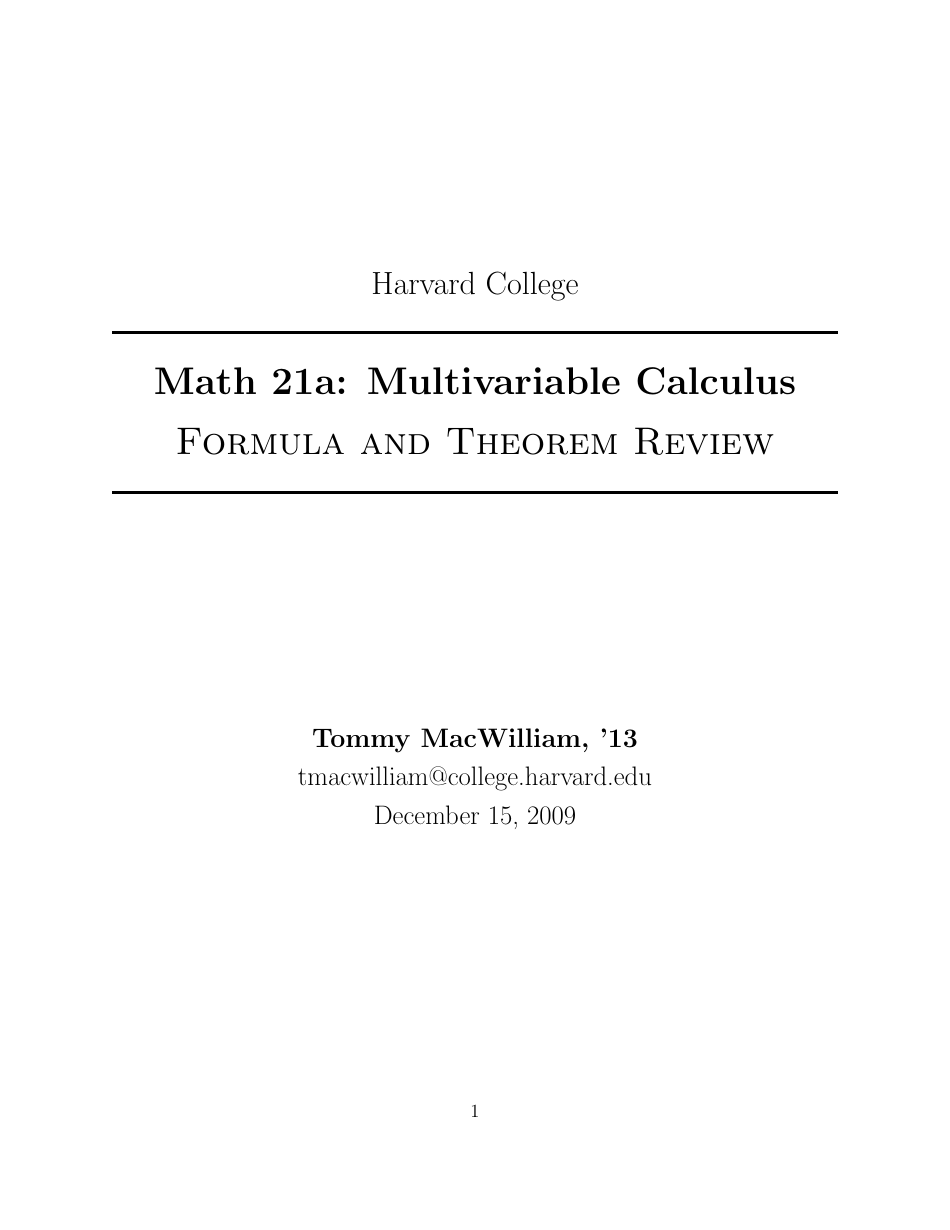 Math 21a Cheat Sheet: Multivariable Calculus - Tommy Macwilliam ...