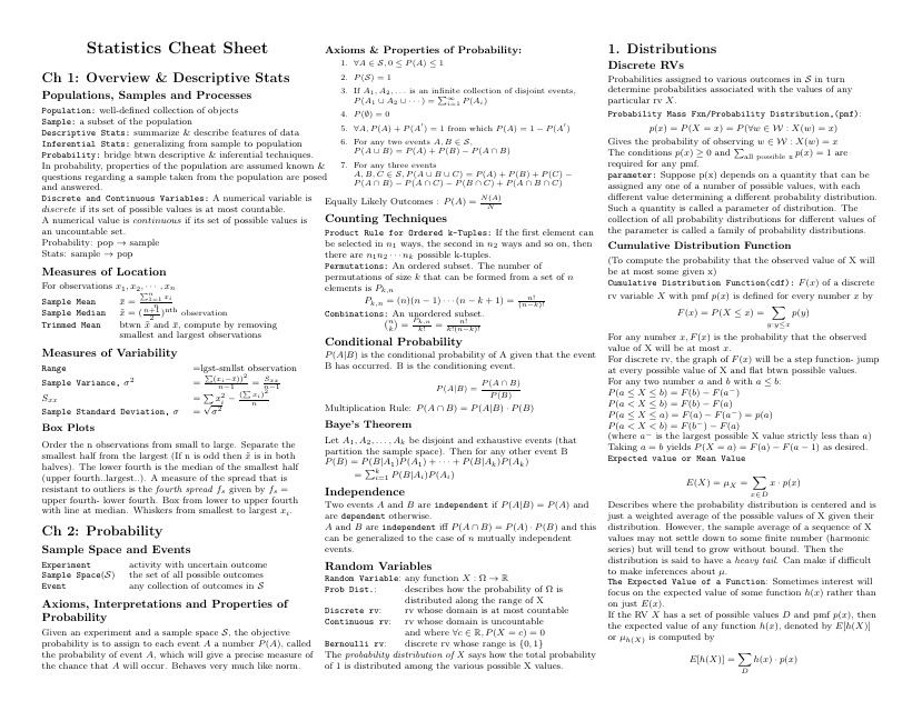 Statistics Cheat Sheet Formulas Download Printable PDF Templateroller