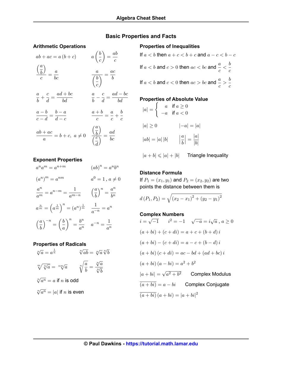 Algebra Cheat Sheet Paul Dawkins Download Printable PDF Templateroller