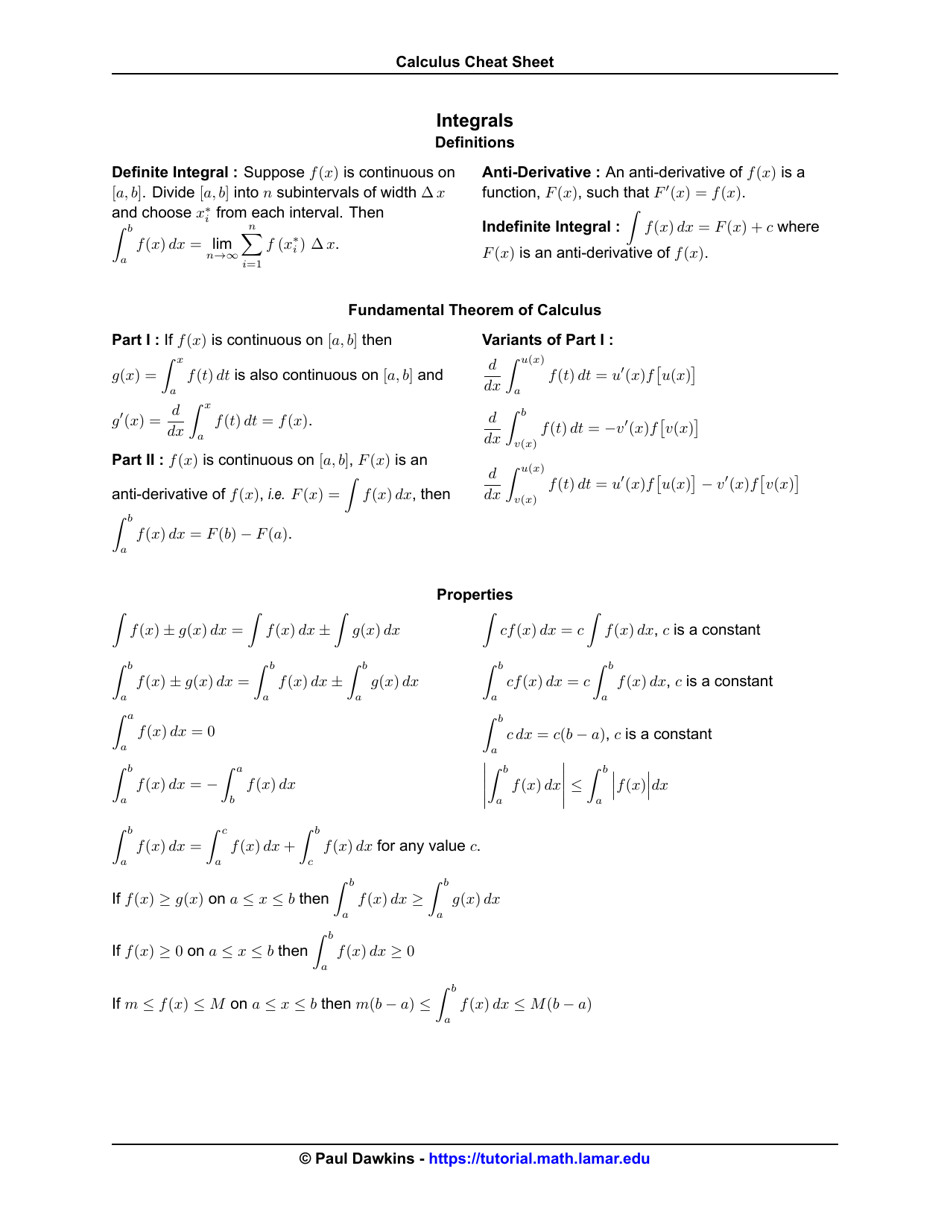 Calculus Cheat Sheet - Paul Dawkins Download Printable PDF | Templateroller Calculus Cheat Sheet - Paul Dawkins Download Printable PDF | Templateroller